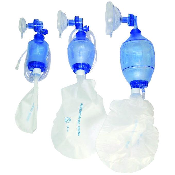 BVM Resuscitator Set, Disposable, Adult 1500ml Bag with Size 3, 4 & 5